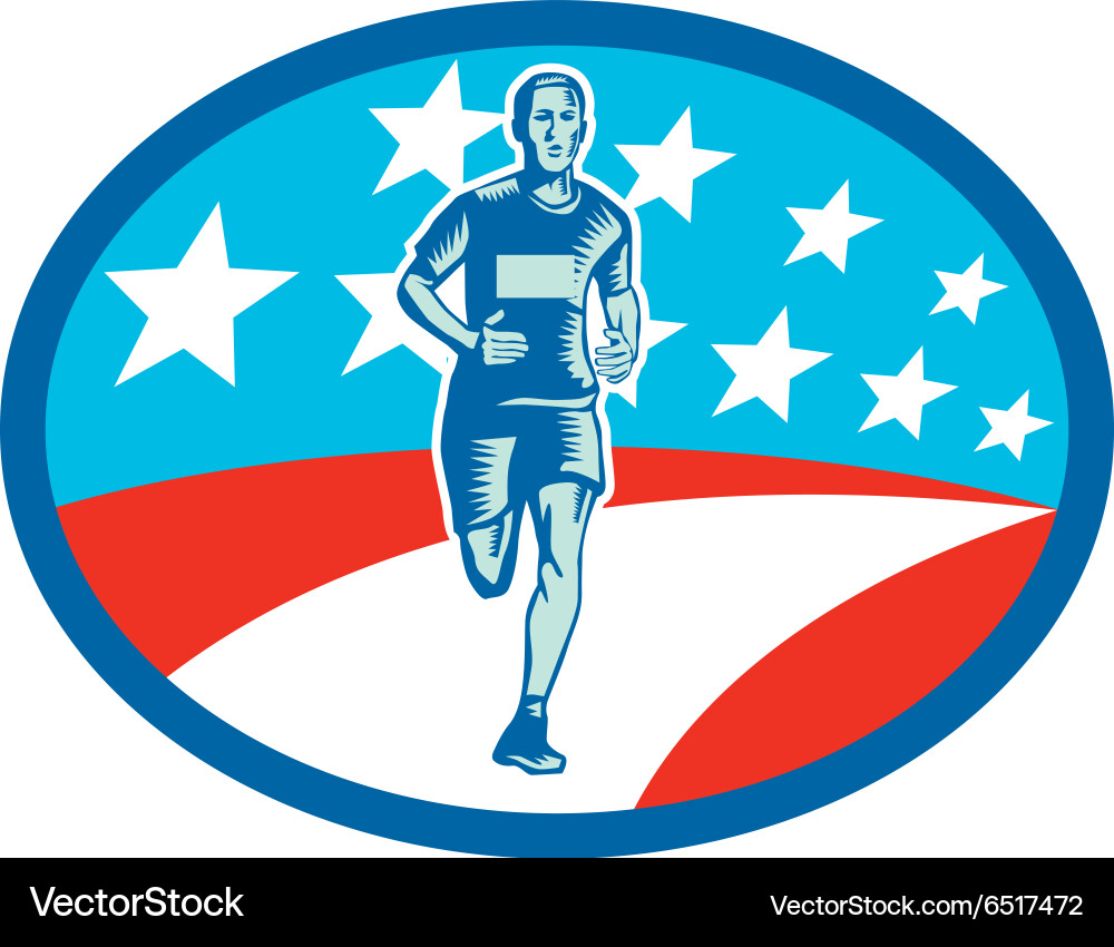 Marathon runner usa flag oval woodcut Royalty Free Vector