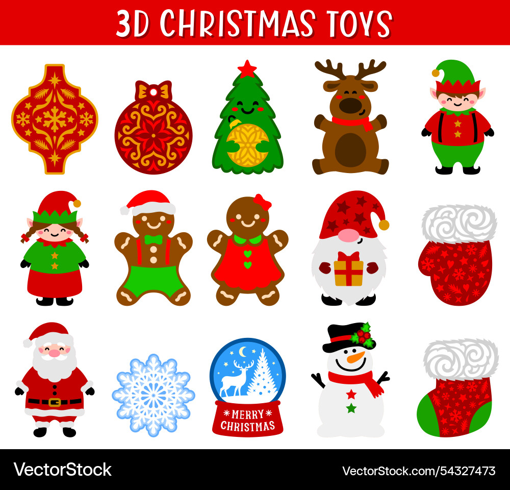 3d christmas layered toys set Royalty Free Vector Image