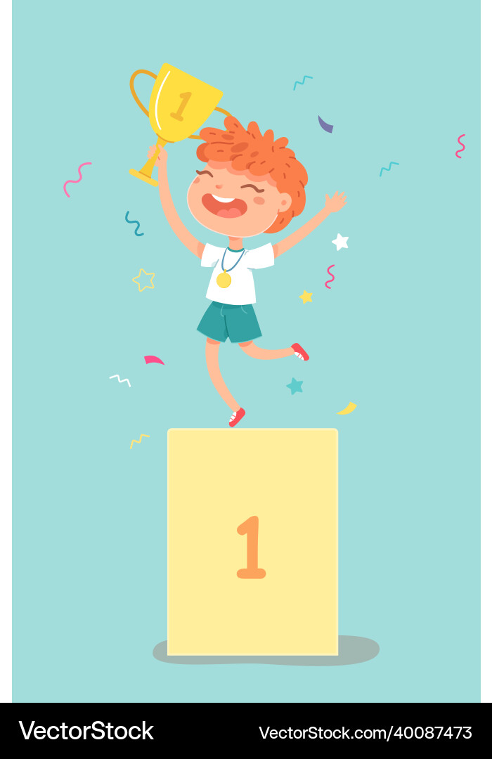 Kid winning gold medal and trophy cup Royalty Free Vector