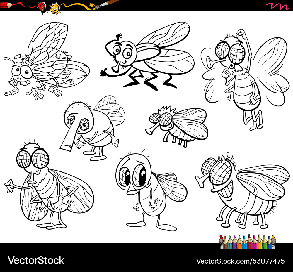 Cartoon flies insects characters set coloring page