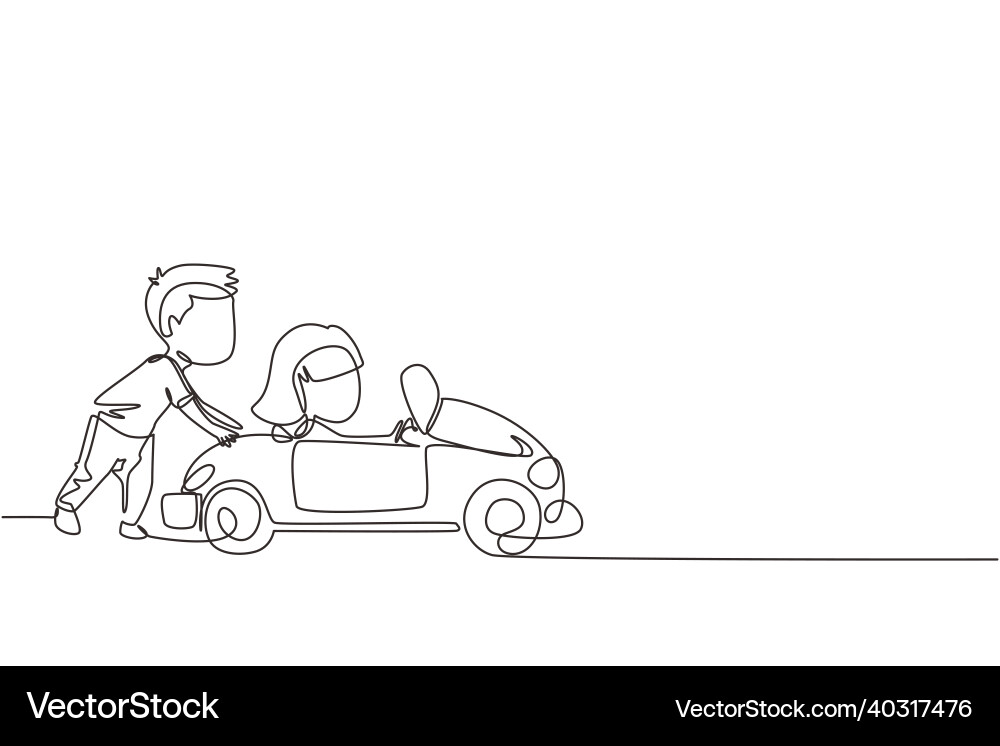 Continuous one line drawing a boy is pushing his Vector Image