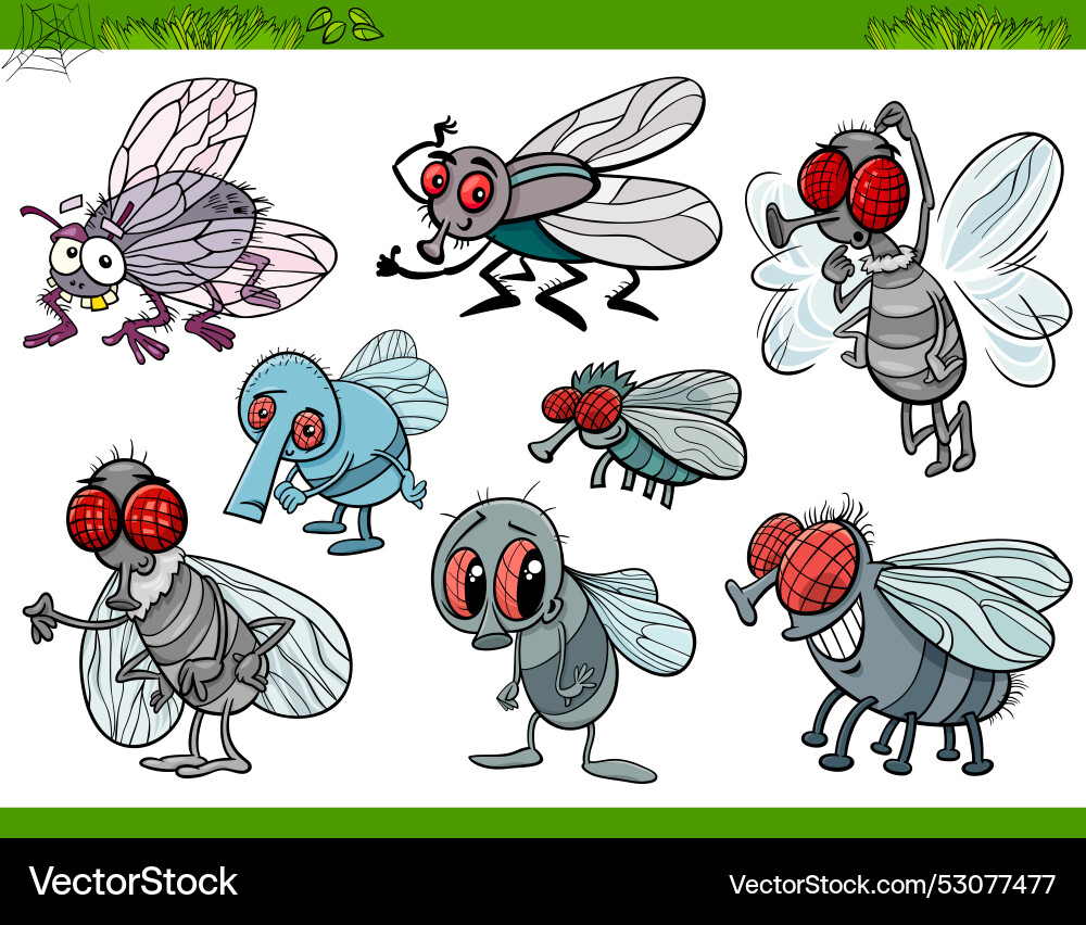 Flies insects characters set cartoon Royalty Free Vector