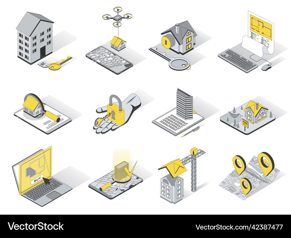 Real estate concept 3d isometric icons set pack Vector Image