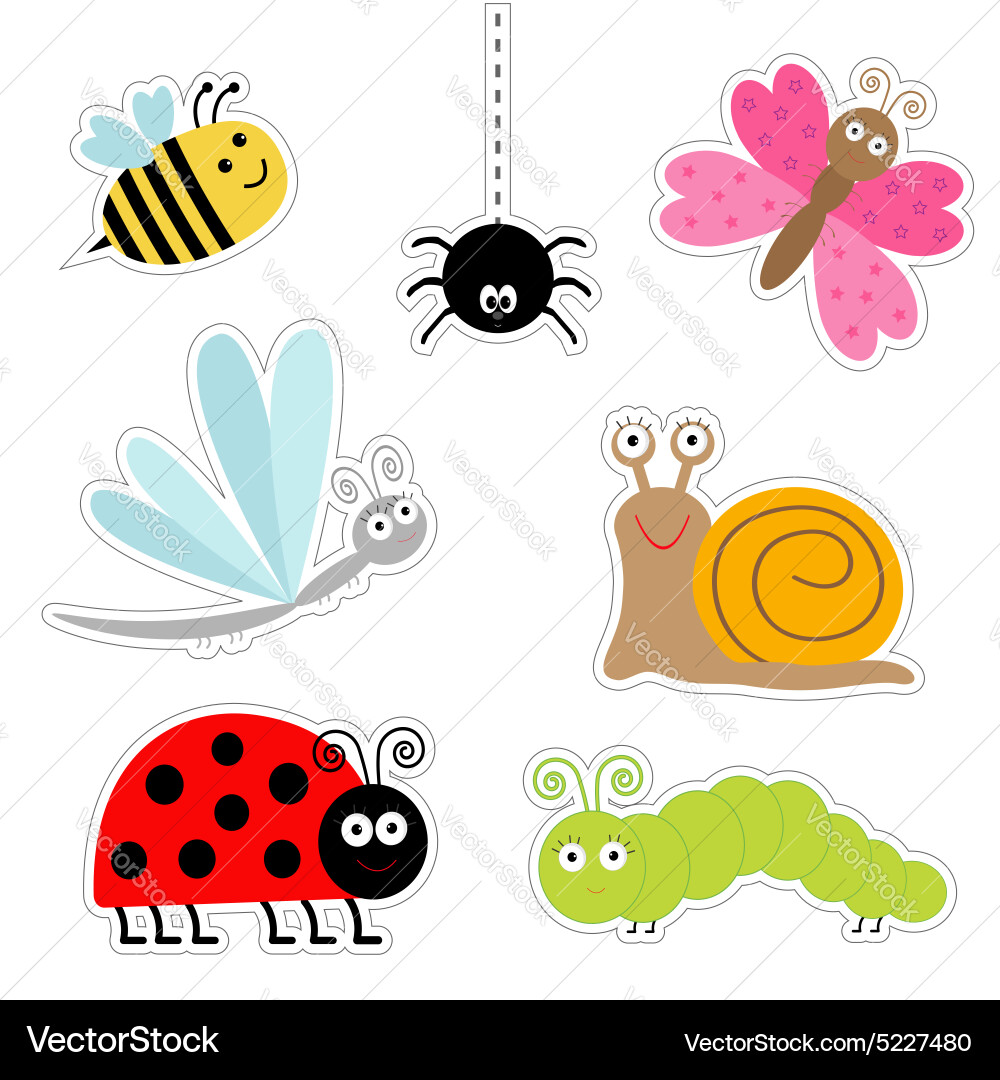 Cute cartoon insect sticker set ladybug dragonfly Vector Image