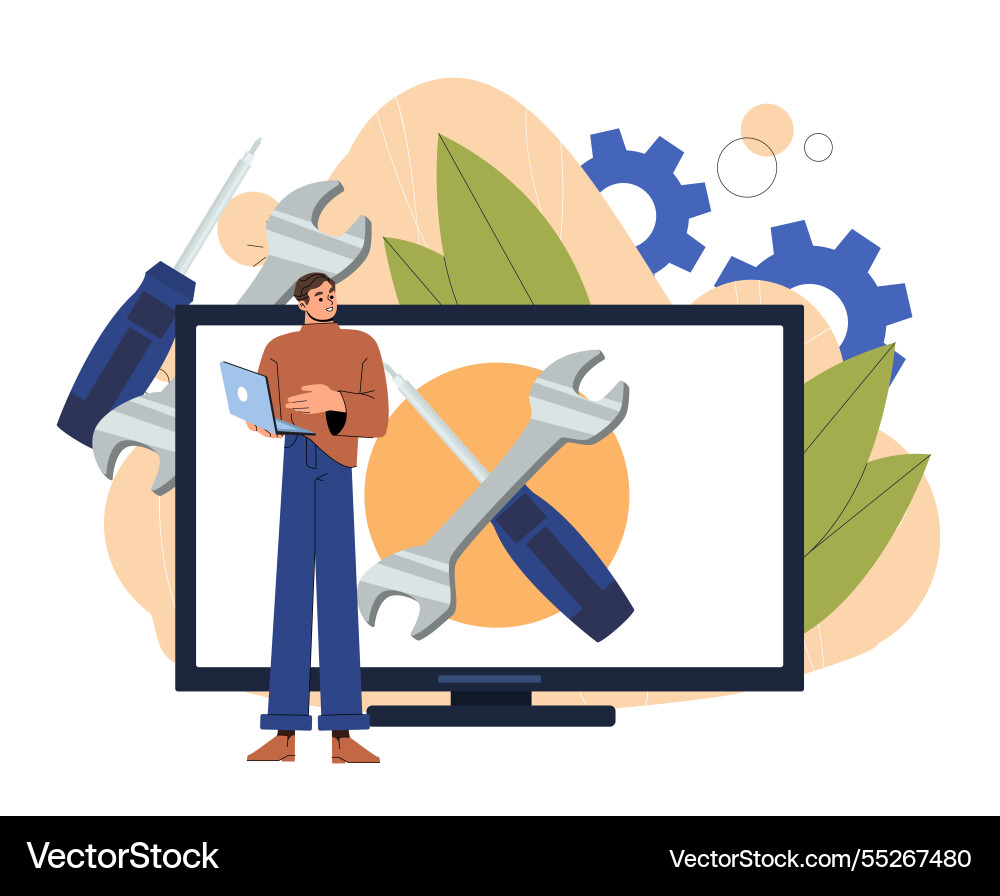 Repairman online concept man near computer Vector Image