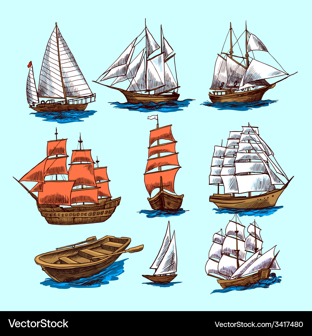 Ships and boats sketch set Royalty Free Vector Image