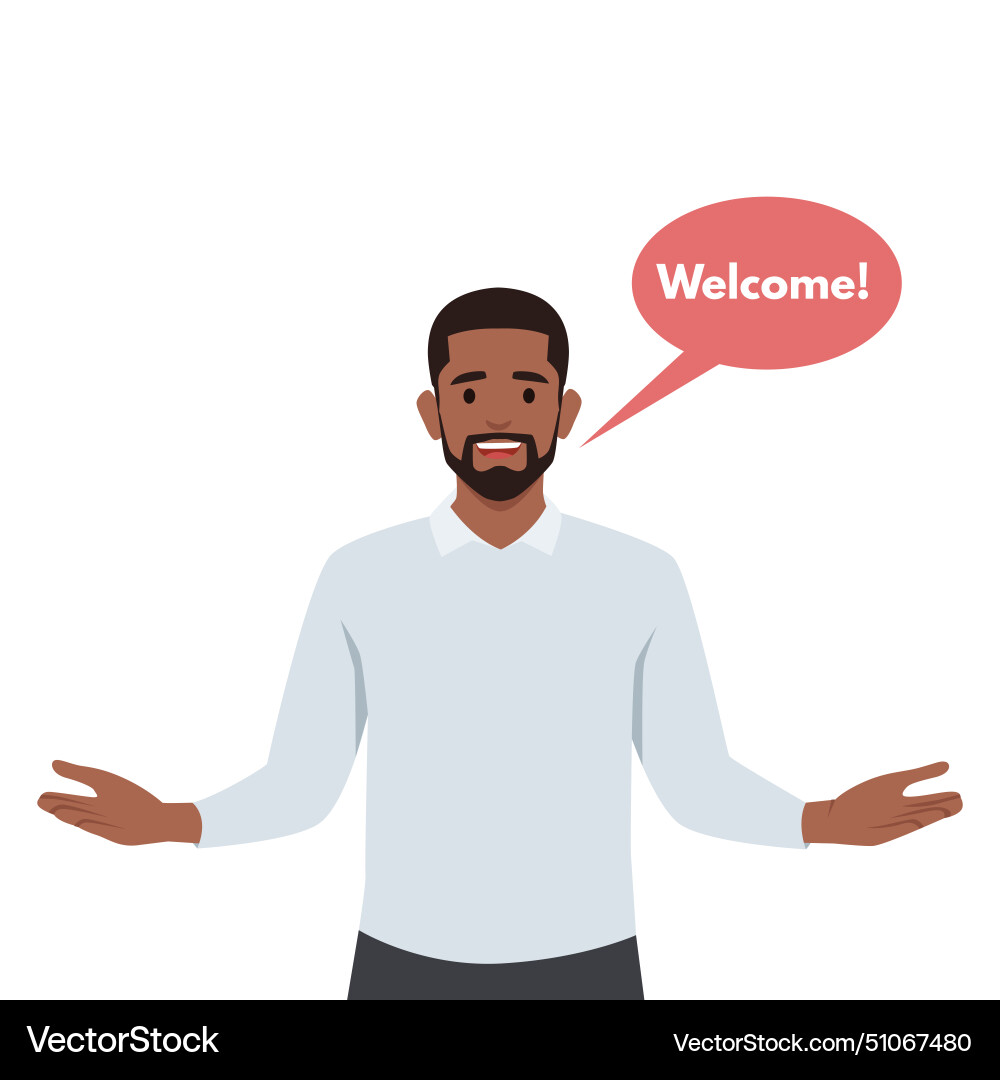 Young man cheerful business gesturing welcome Vector Image