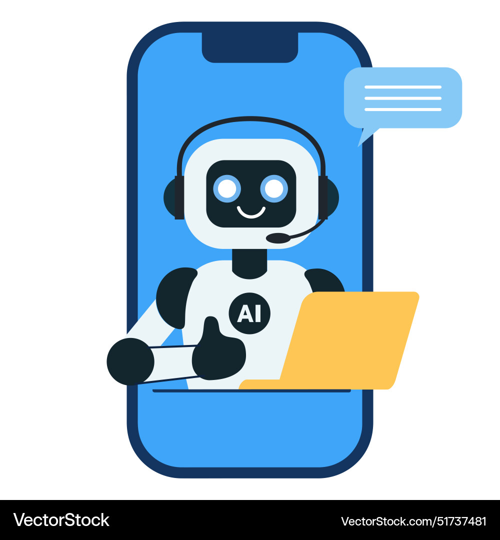 Cute chat bot robot with yellow laptop shows Vector Image Cute chat bot robot with yellow laptop shows Vector Image