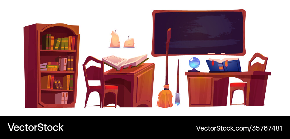 Magic school interior with open book spell Vector Image