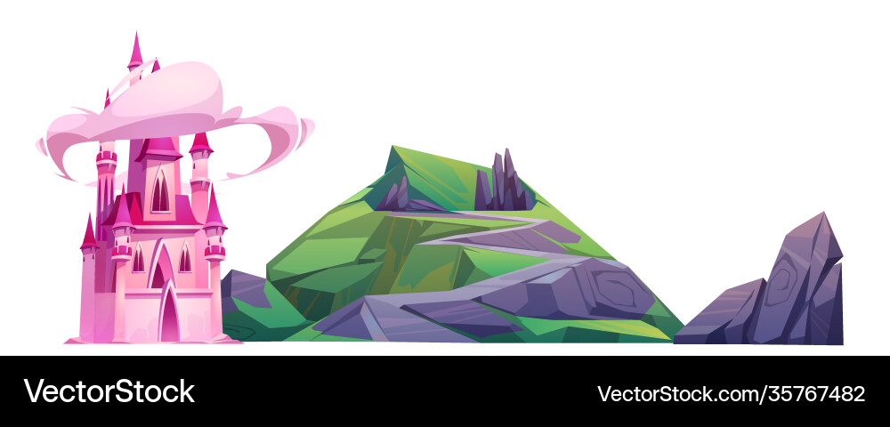 Cartoon magic pink castle and green hill Vector Image