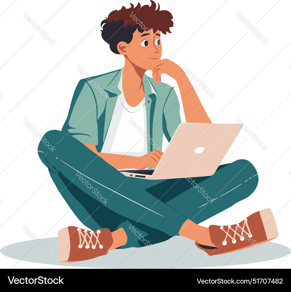 Student working on laptop flat Royalty Free Vector Image