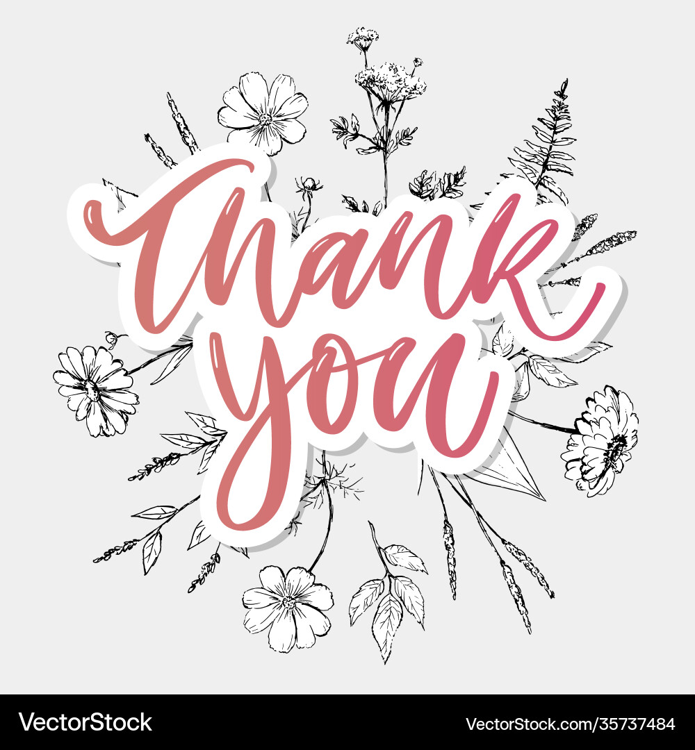 Cute thank you script card flowers letter text Vector Image