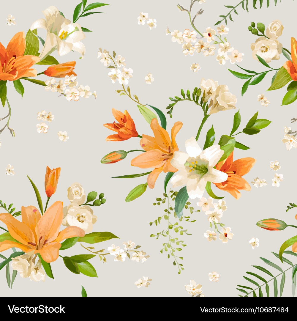 Spring lily flowers backgrounds - seamless pattern