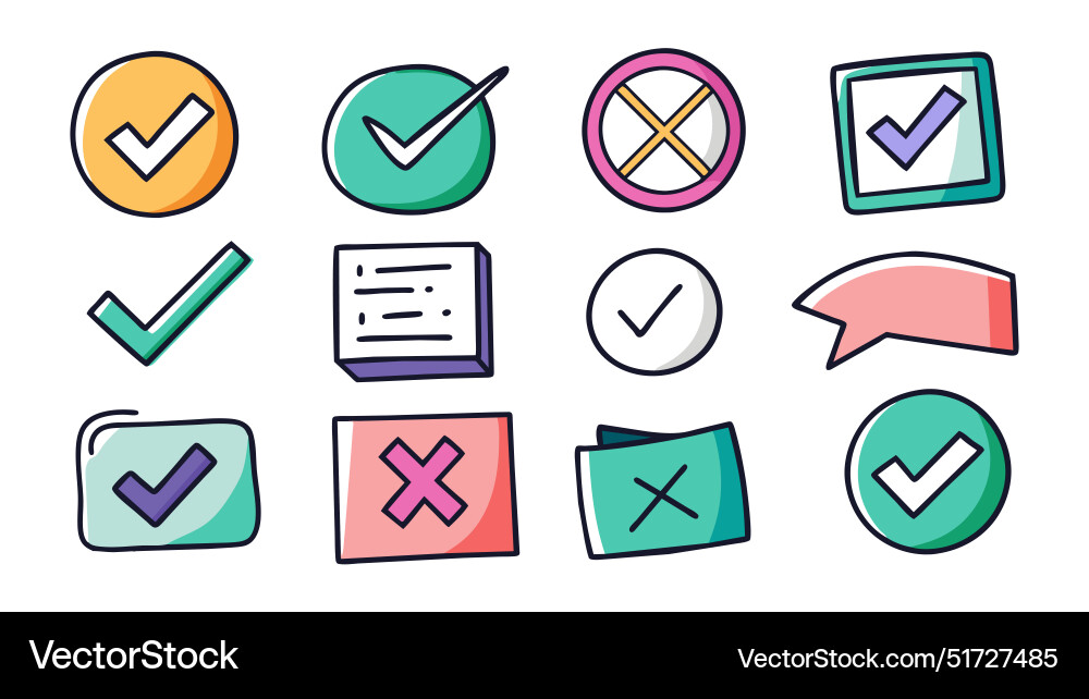 Doodle check marks hand drawn symbols Royalty Free Vector