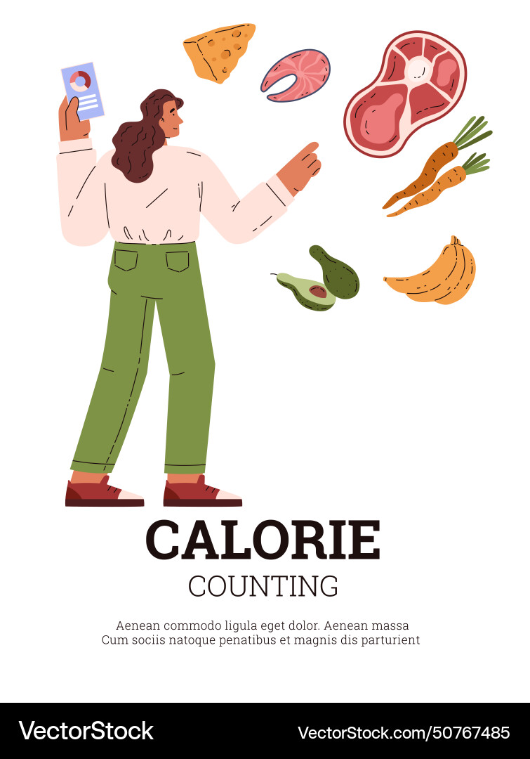 Woman counting calorie using mobile app Royalty Free Vector