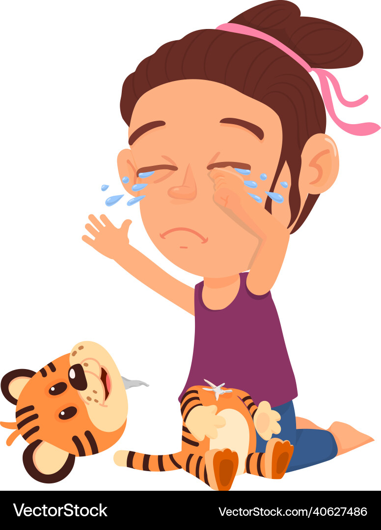 Girl crying over broken toy weeping sad kid Vector Image