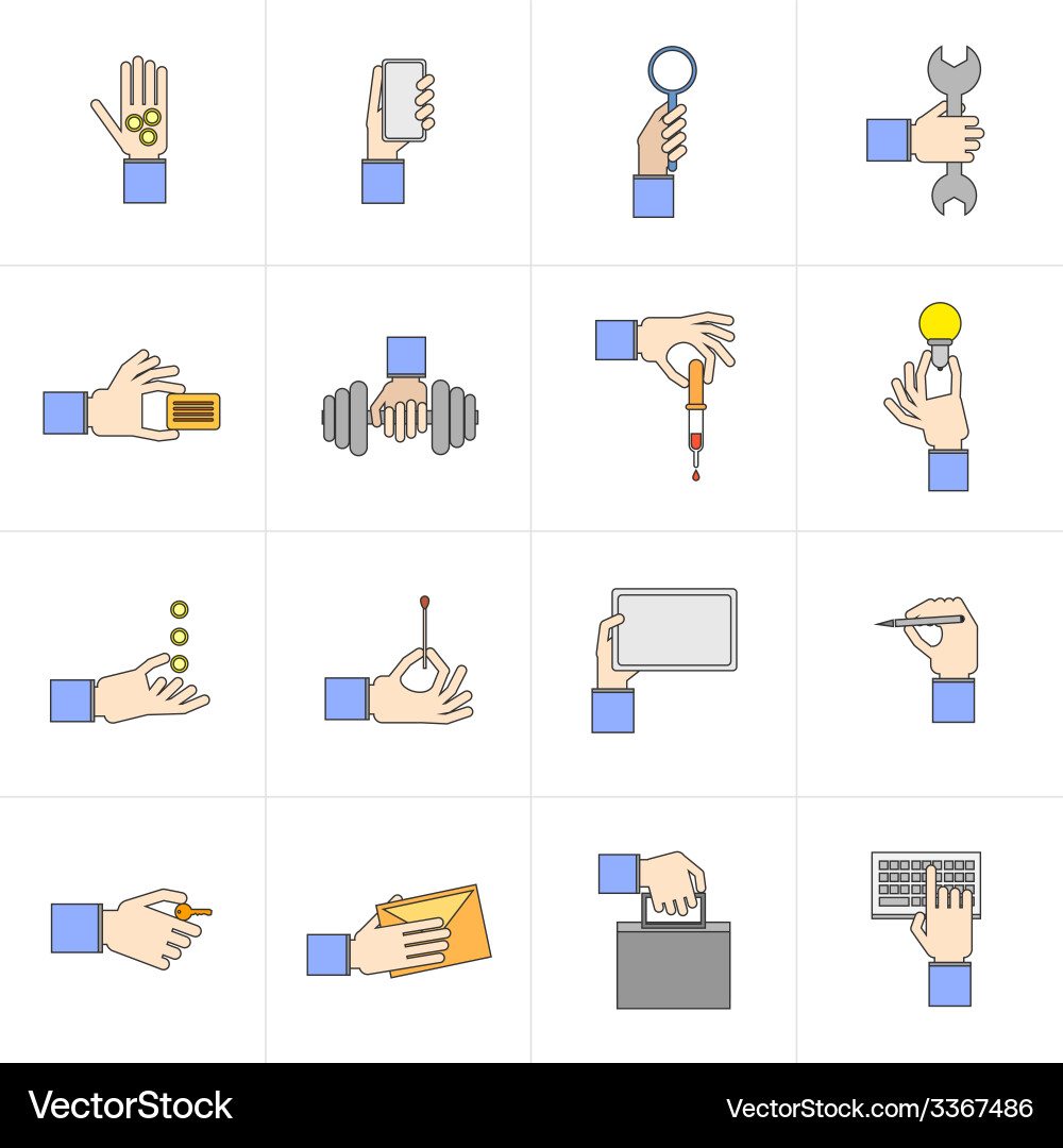 Hand holding objects flat set Royalty Free Vector Image
