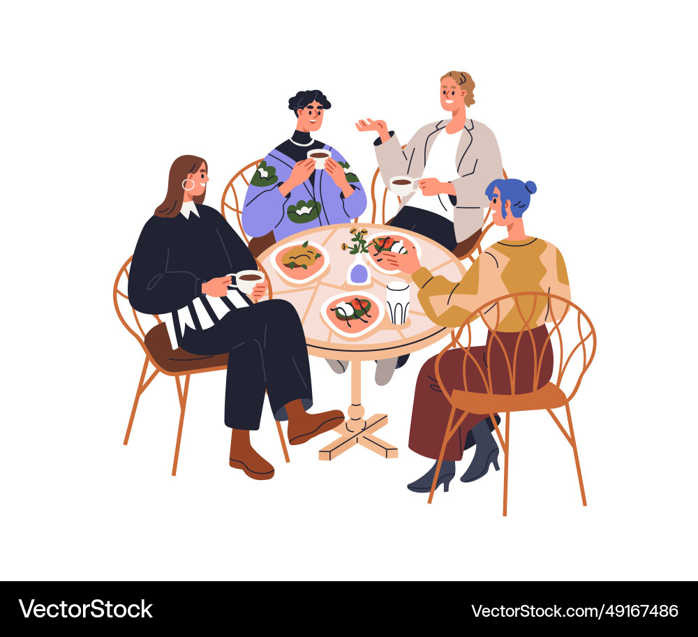 Happy friends gathering around table eating lunch Vector Image