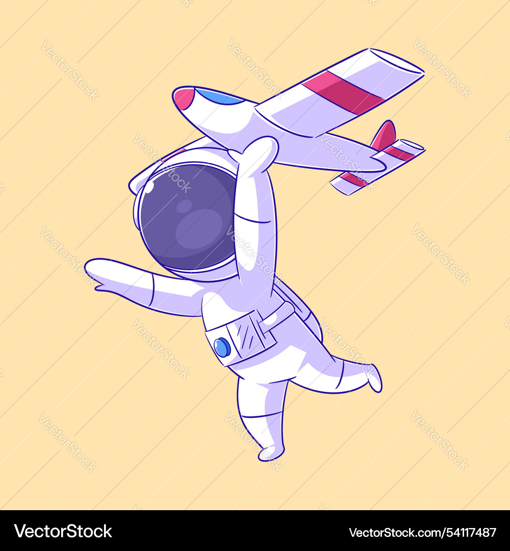 Astronaut running while playing toy airplane Vector Image