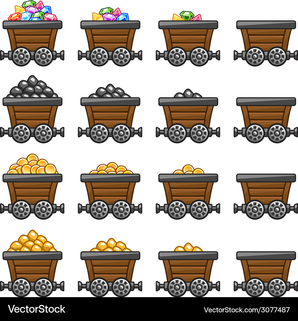 Mine cart set gold sone coins diamonds Royalty Free Vector