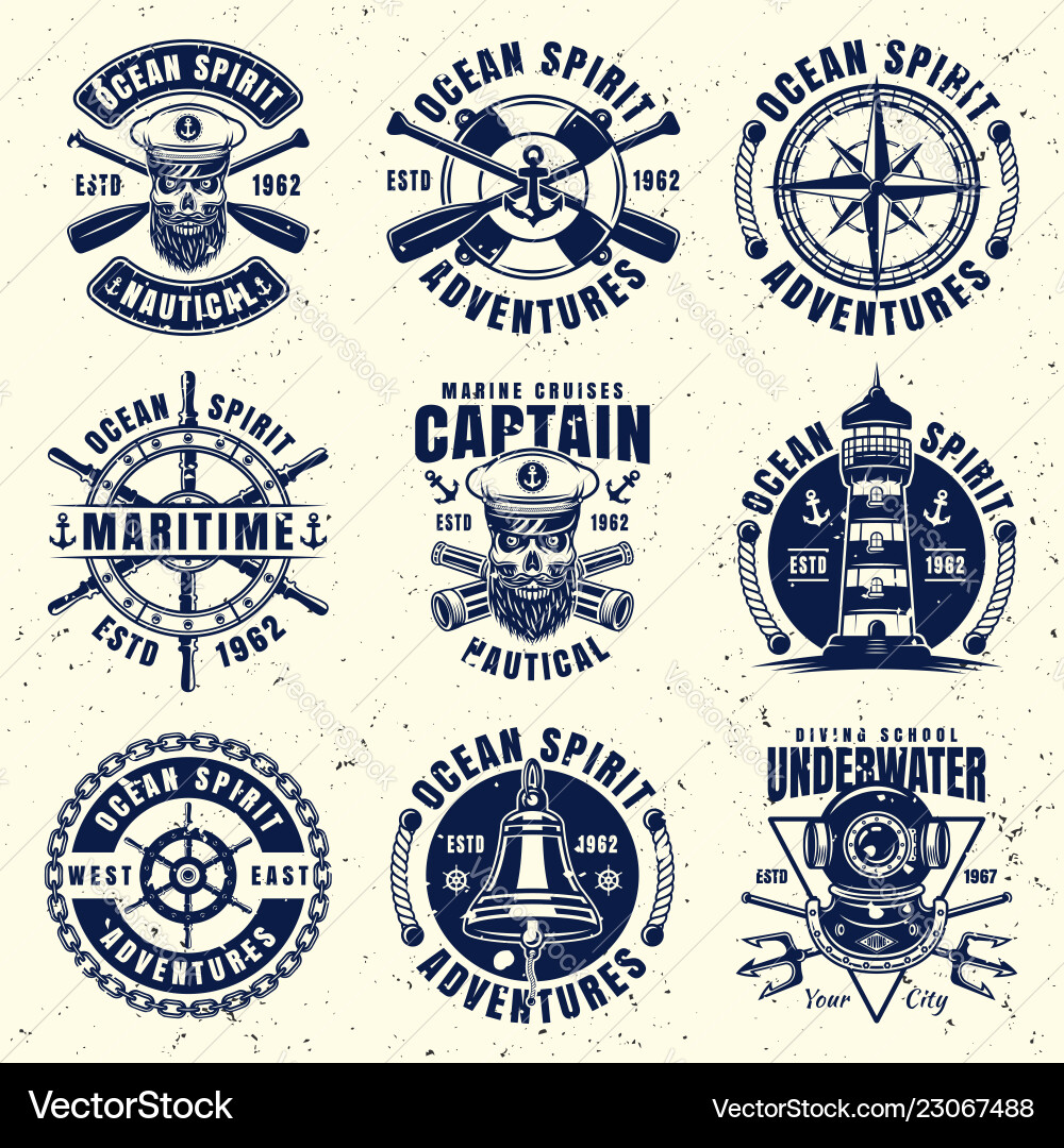 Maritime thematic set of nine emblems Royalty Free Vector