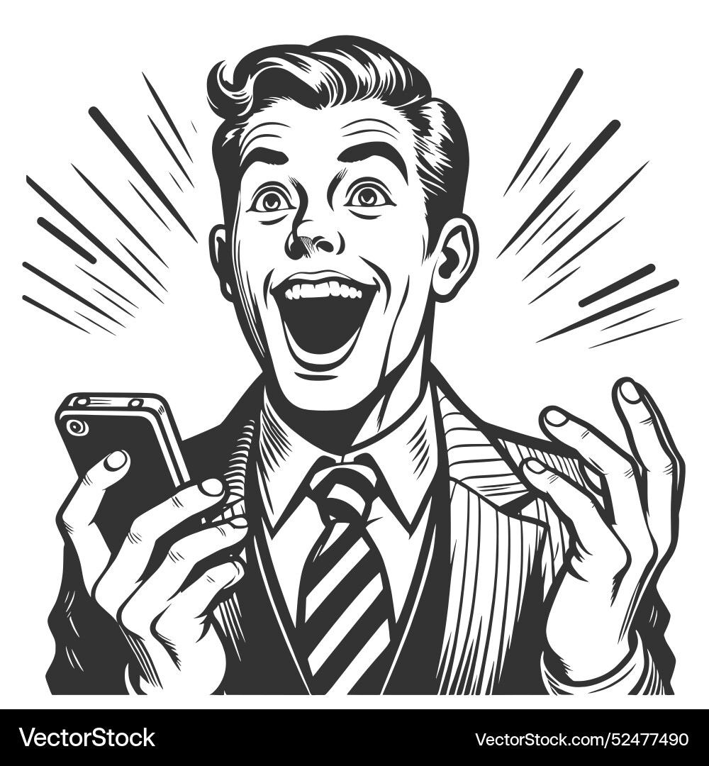 Excited Man Holding Smartphone Royalty Free Vector Image