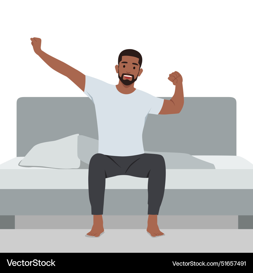 Man stretching in bed after waking up Royalty Free Vector
