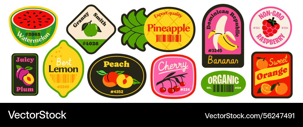 Retro fruit sticker set barcode labels Royalty Free Vector