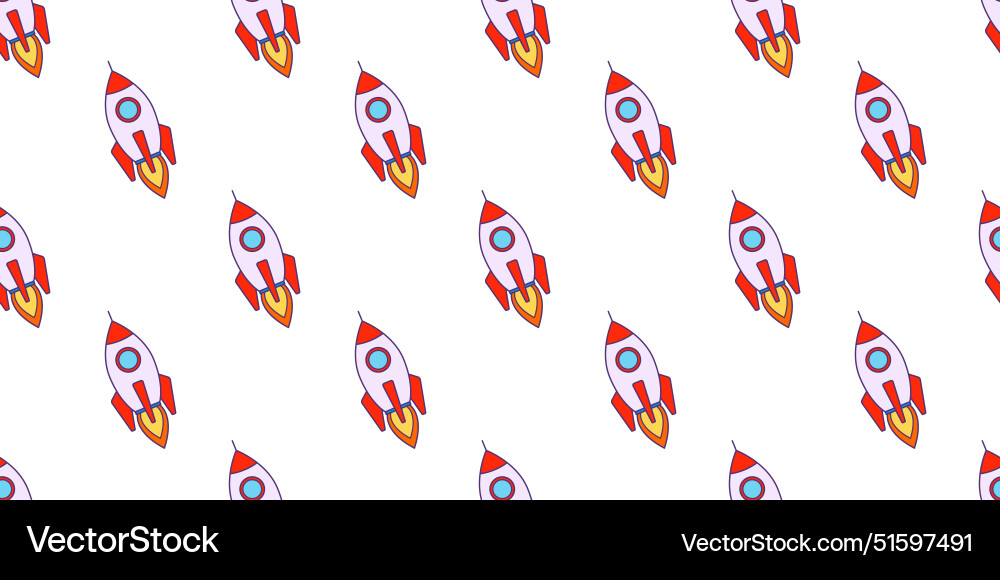 Seamless pattern with violet space rocket on white