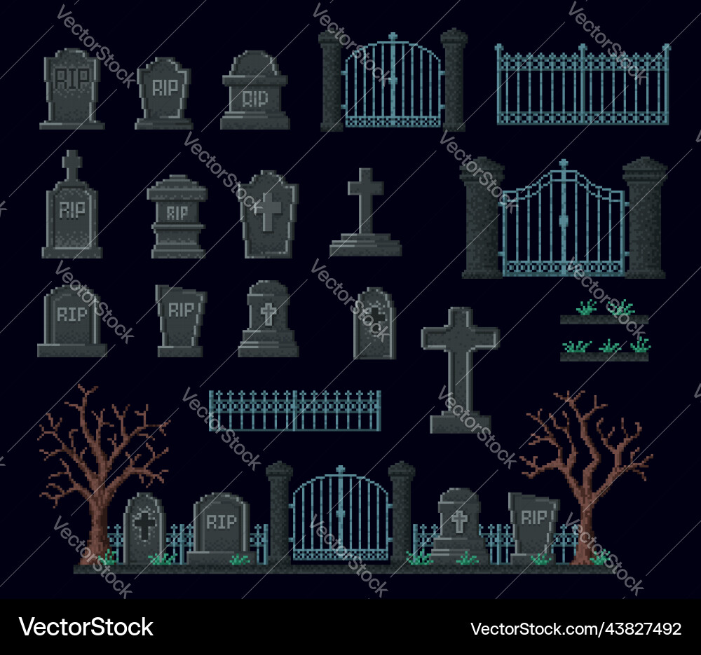 Cemetery 8bit pixel game assets gravestone fence Vector Image