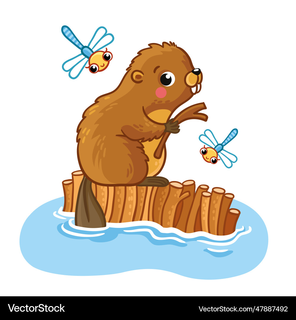 Cute beaver sits on a dam with stick beautiful Vector Image