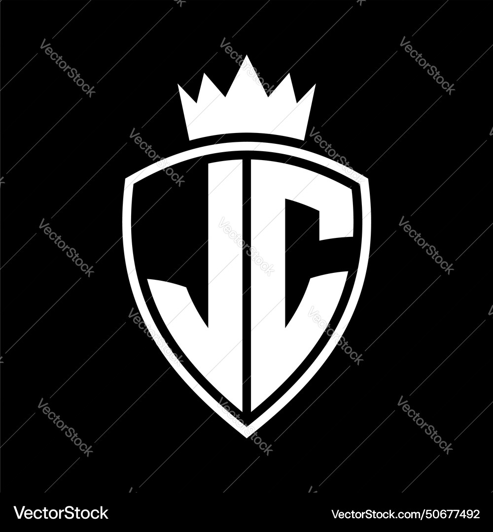 Jc letter monogram shield and crown outline shape Vector Image