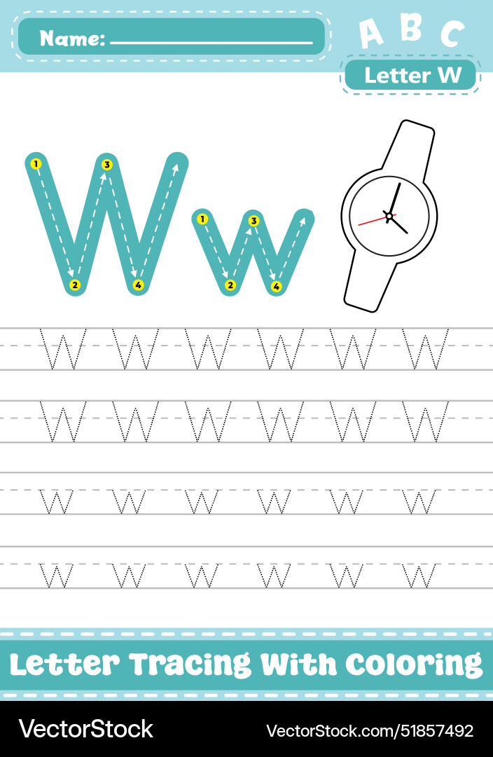 Letter w uppercase lowercase tracing worksheet Vector Image