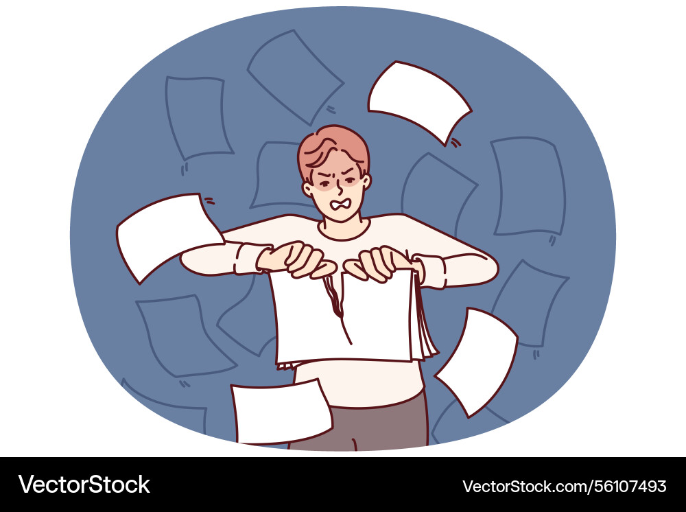 Angry man rips up documents after experiencing Vector Image
