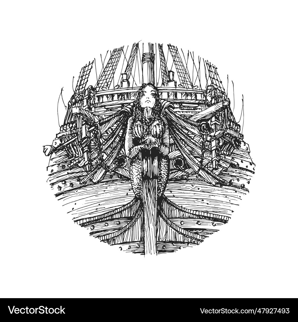 Mermaid figurehead hand drawn sketch Royalty Free Vector