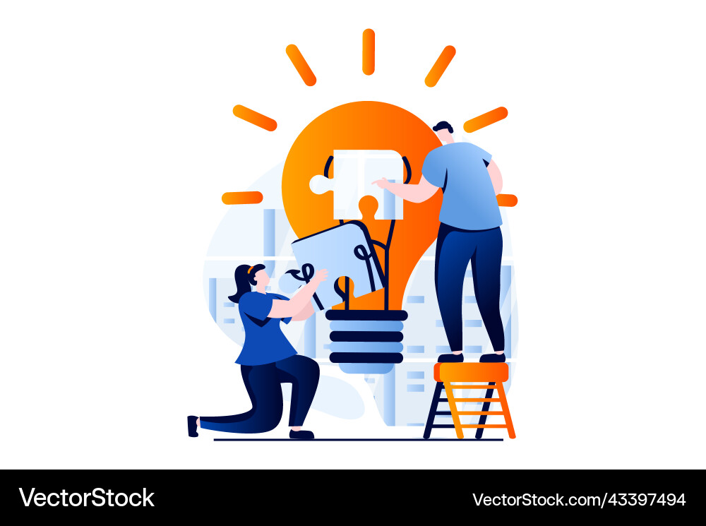 Teamwork concept with people scene in flat cartoon