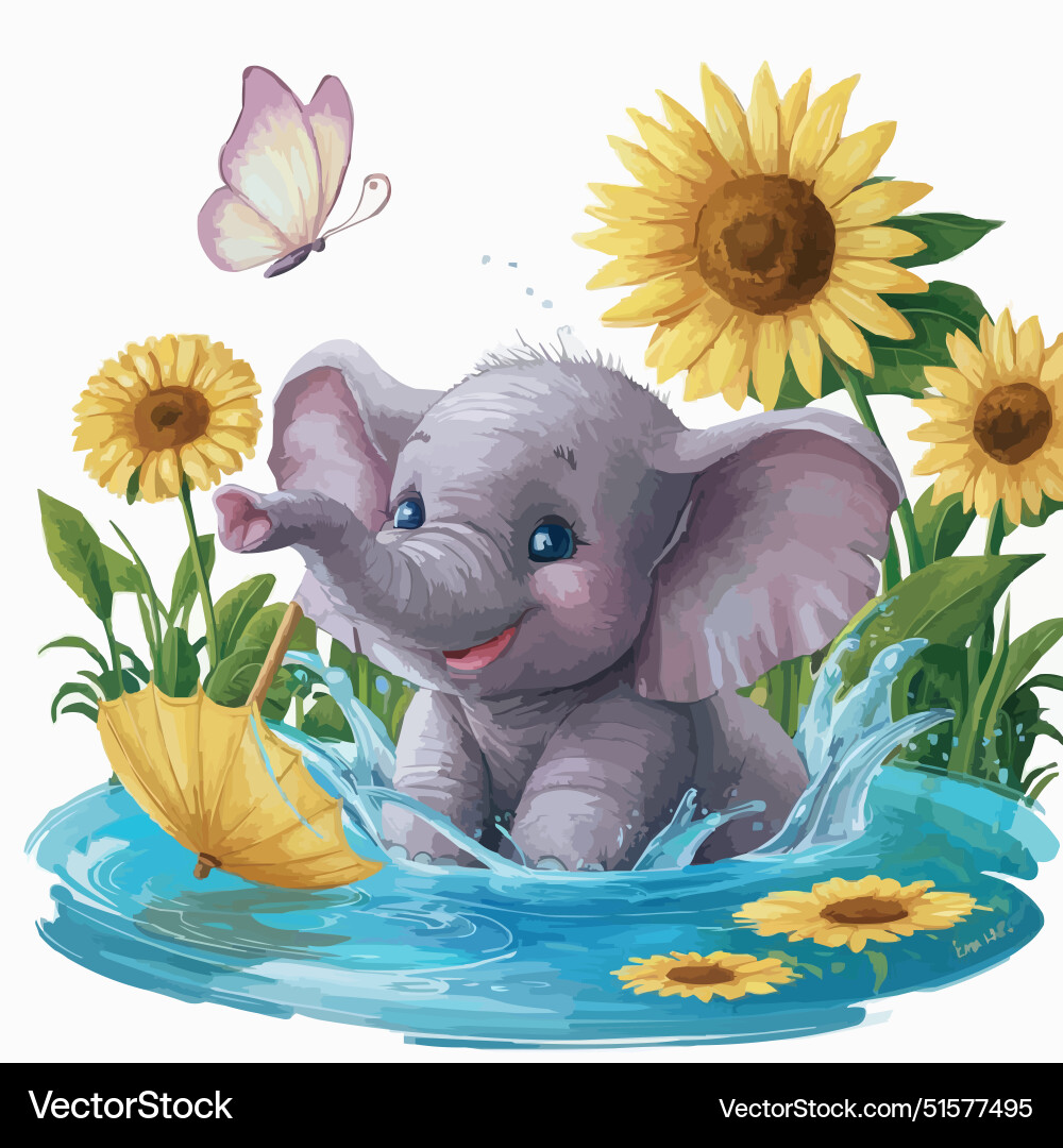 Cute baby elephant with flowers Royalty Free Vector Image
