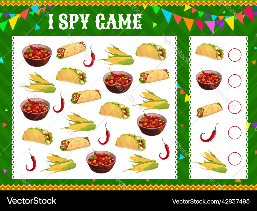 Mexican Food I Spy Game Worksheet Royalty Free Vector Image