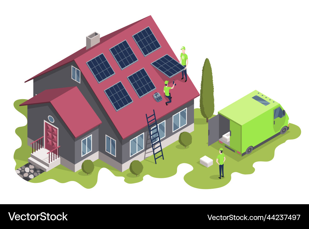 Solar cell installing team service working Vector Image