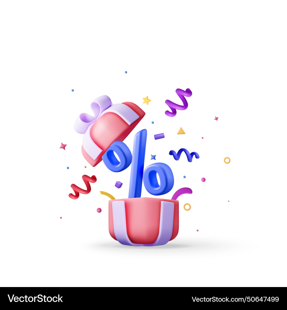 3d gift box with percentage symbol and confetti Vector Image