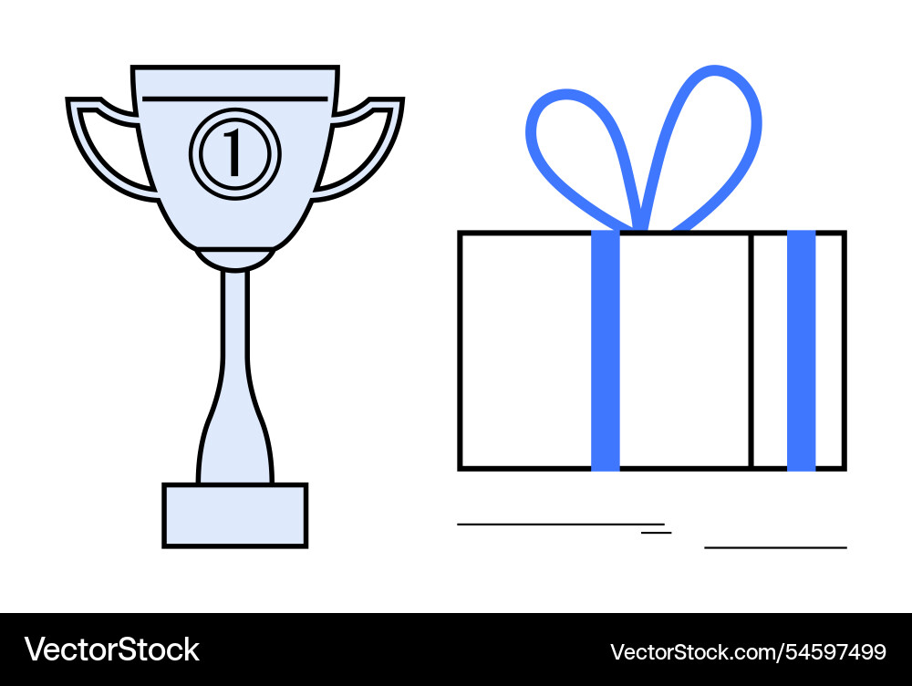 Trophy and gift box with blue ribbon representing Vector Image