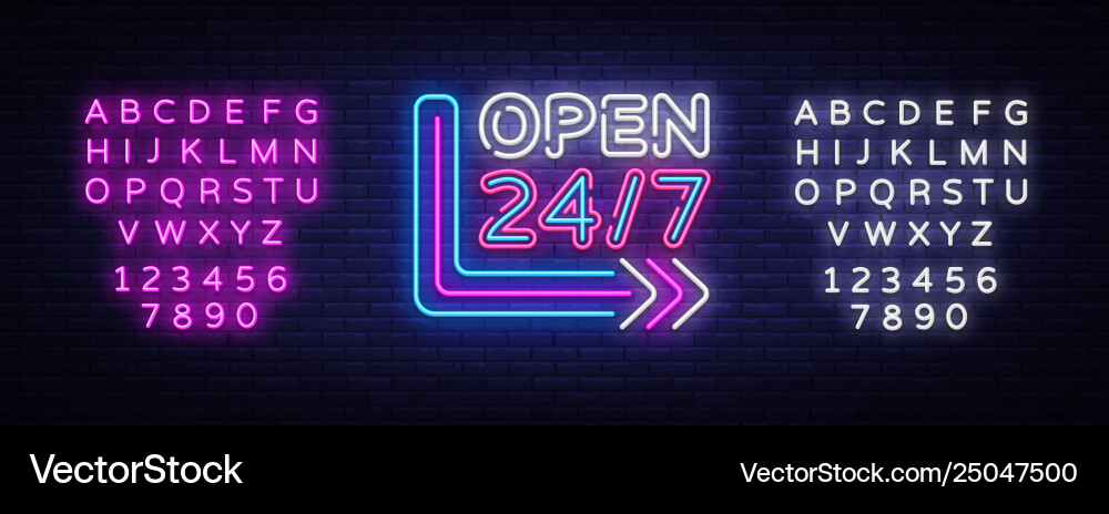24 7 neon sinboard open all day sign Royalty Free Vector