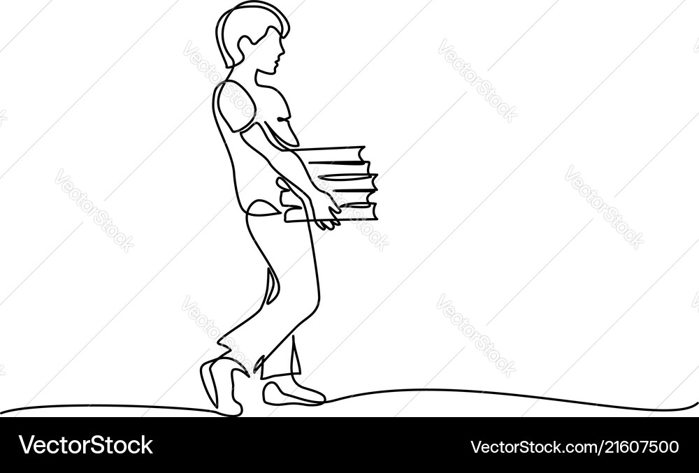 Continuous one line drawing boy with books stack Vector Image