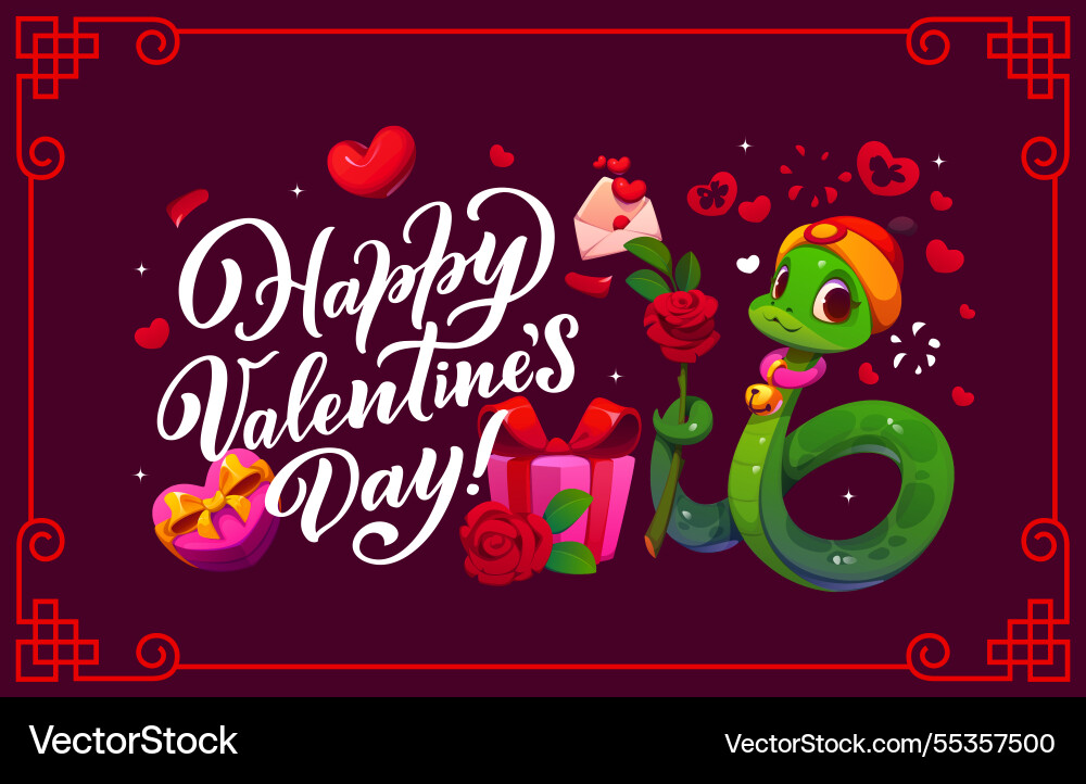Happy valentines day greeting card with cute snake