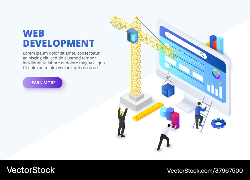 Isometric concept with character team at project Vector Image