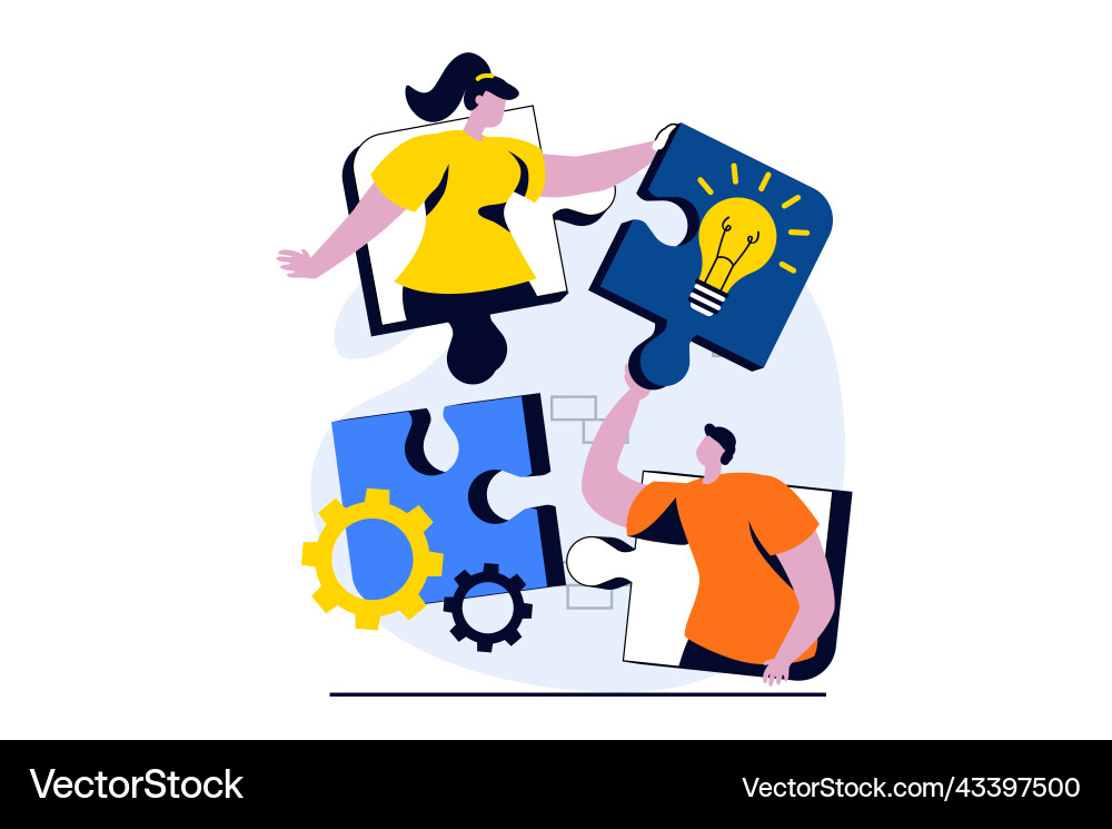 Teamwork concept with people scene in flat cartoon