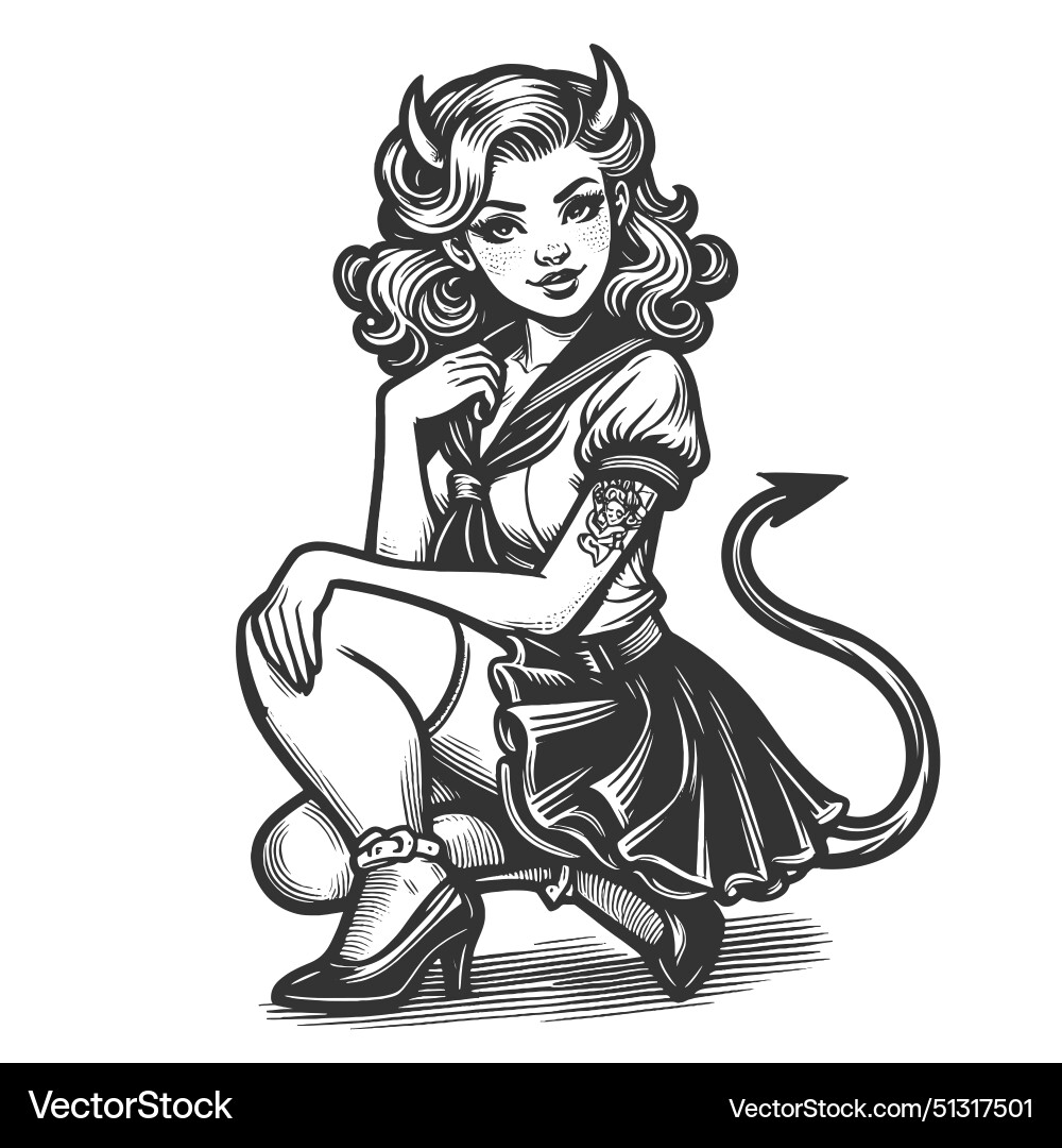 Devil Woman In A Playful Pose Engraving Royalty Free Vector