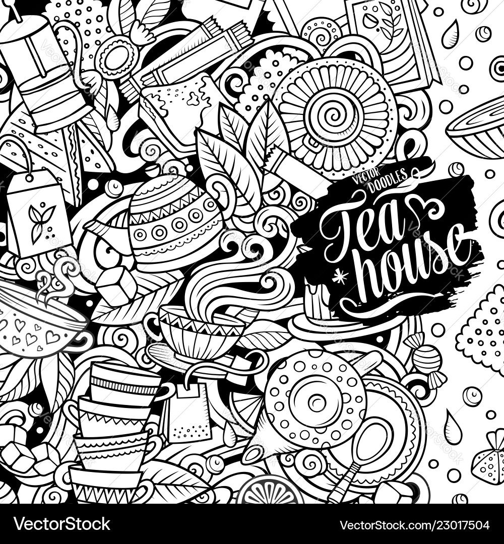 Cartoon doodles tea time frame detailed Royalty Free Vector