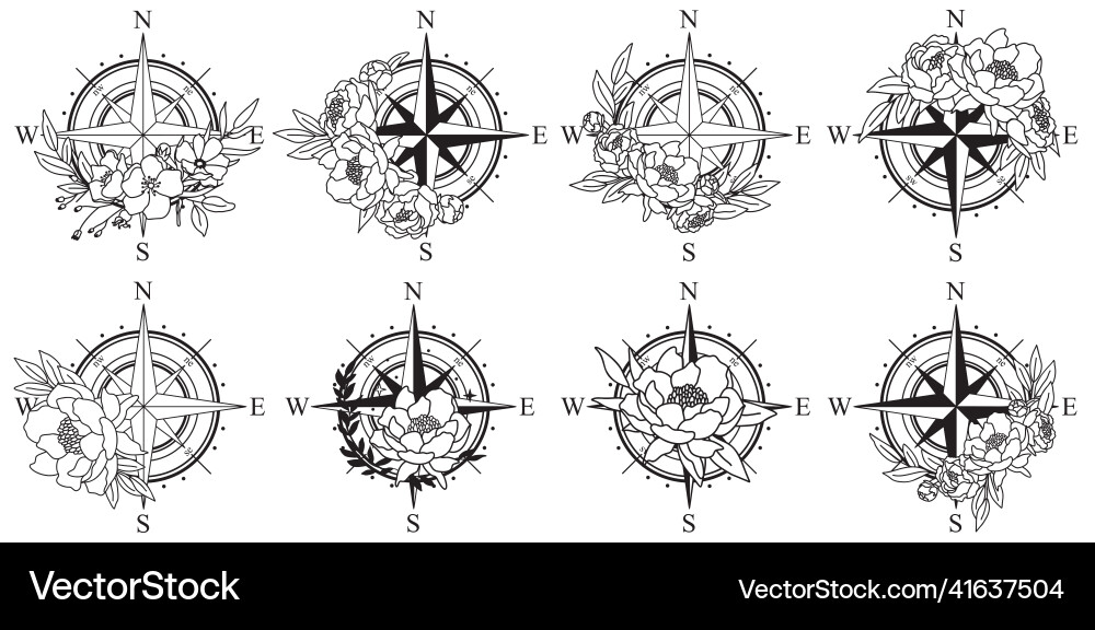 Hand drawn line art compass with flowers Vector Image