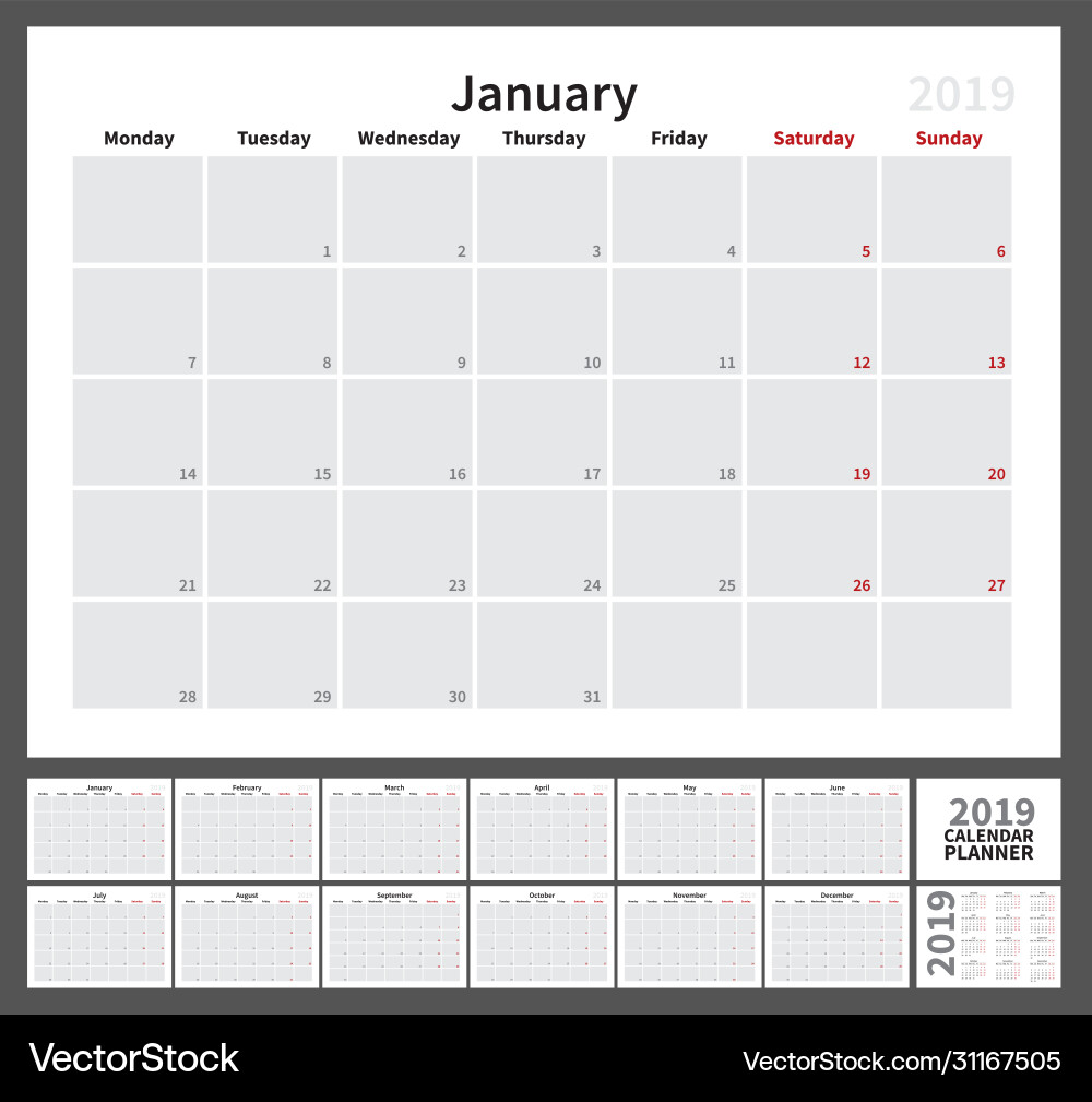 Calendar for 2019 Royalty Free Vector Image - VectorStock